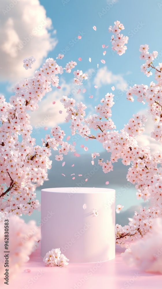 3D white cylindrical podium with cherry blossoms,pink sakura theme ...