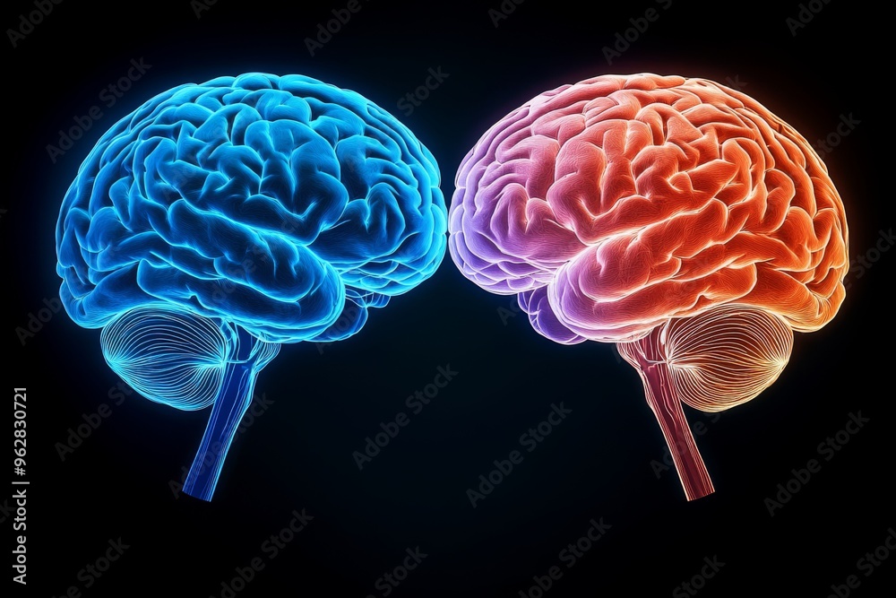 Synaptic regeneration Cognitive interface Neon glowing blue and red ...