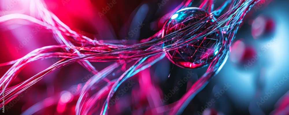 Dynamic threads of light interweaving through cyberspace front view ...