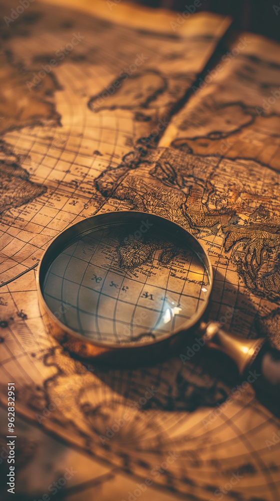 Wooden table with world map and magnifying glass focusing on a specific ...
