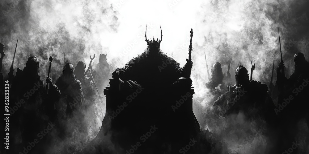 Dark lord sits on throne surrounded by his retinue. Myths and legends ...