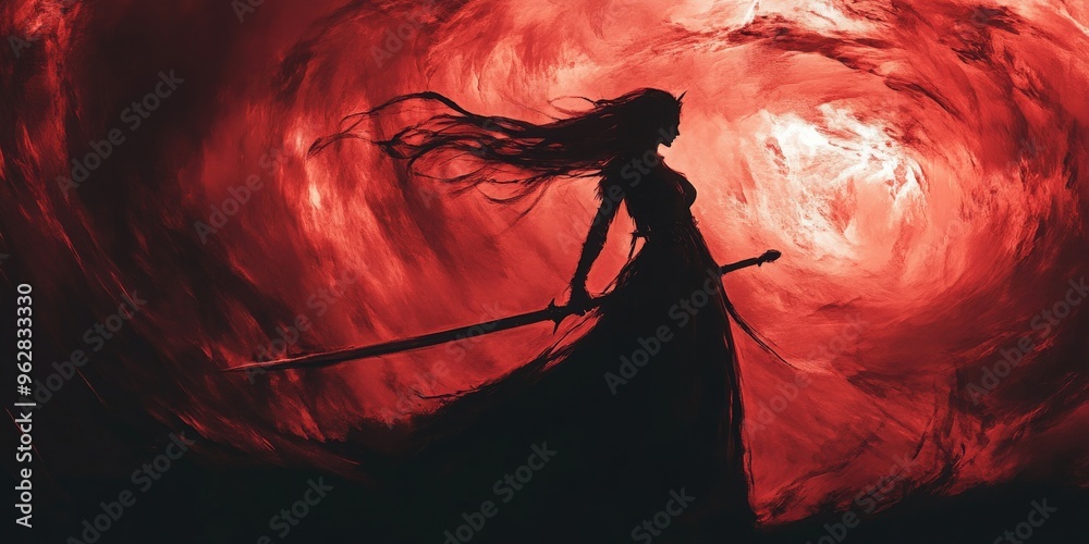 Devil woman warrior waving sword. Goddess of war. Horror fantasy ...