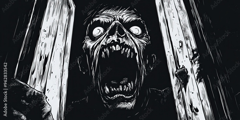 Enraged zombie monster opens bunker doors and growls. Illustration in ...