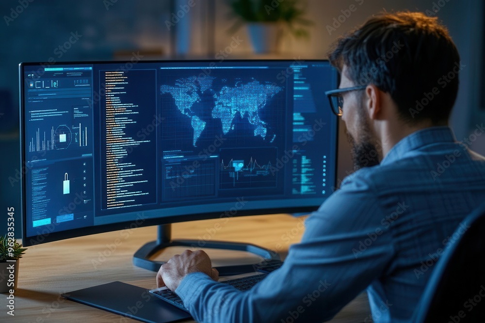 Cybersecurity expert reviewing firewall logs and real-time threats on a ...