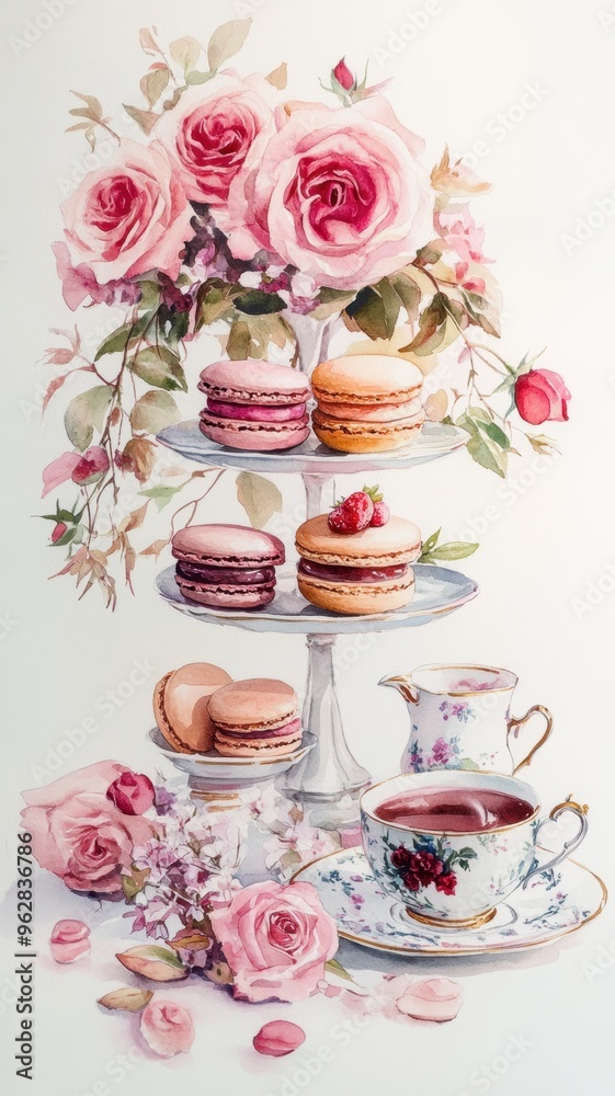 Watercolor illustration of British afternoon tea,tea break in the ...