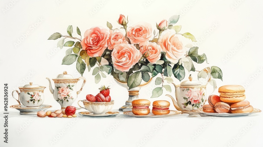 Watercolor illustration of British afternoon tea,tea break in the ...