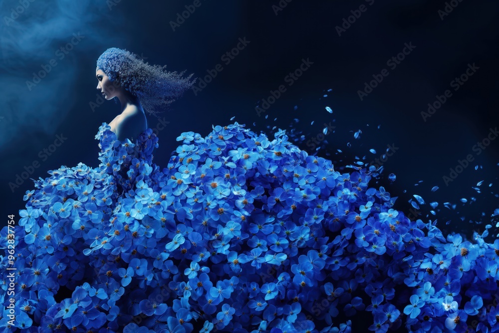 Blue flowers form stunning woman body shape. Dark background contrasts ...
