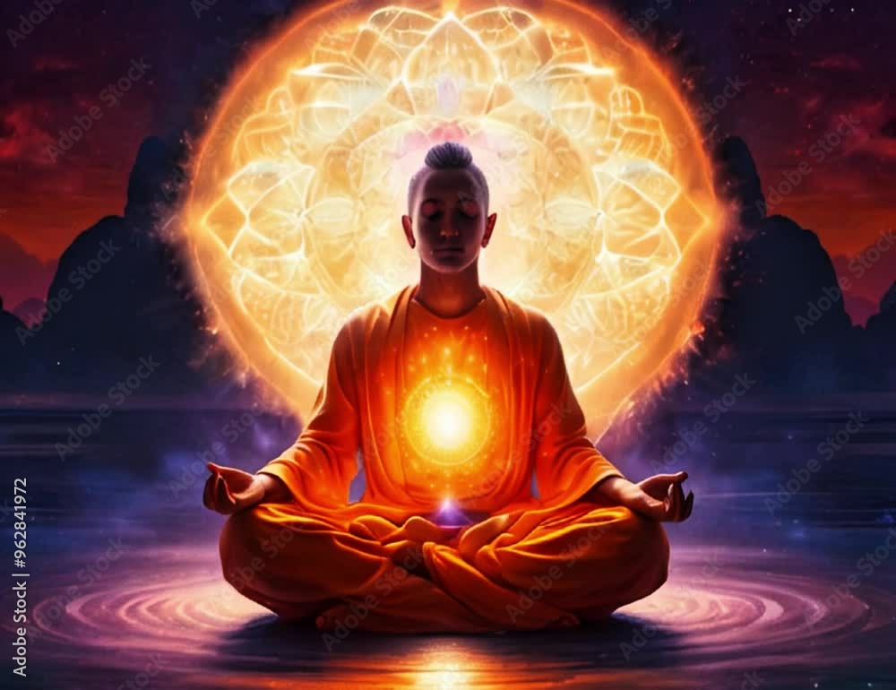 Young Buddhist monk doing yoga meditation in a spiritual realm while ...