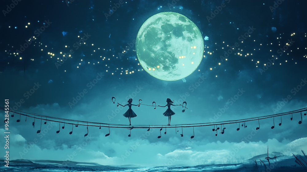 Whimsical musical notes dancing on a tightrope under a full moon ...
