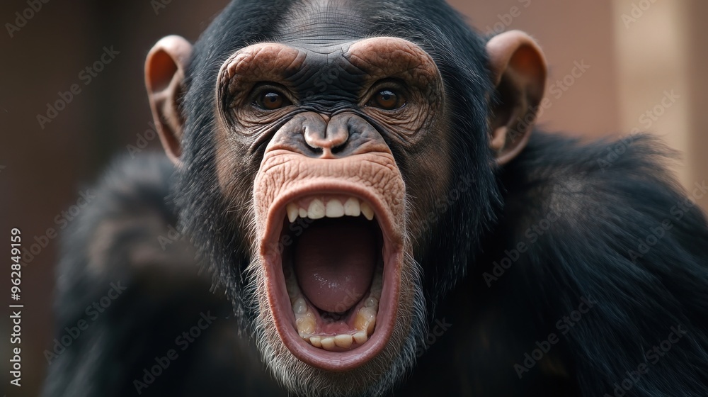 The chimpanzee displays an intense expression with its mouth wide open ...