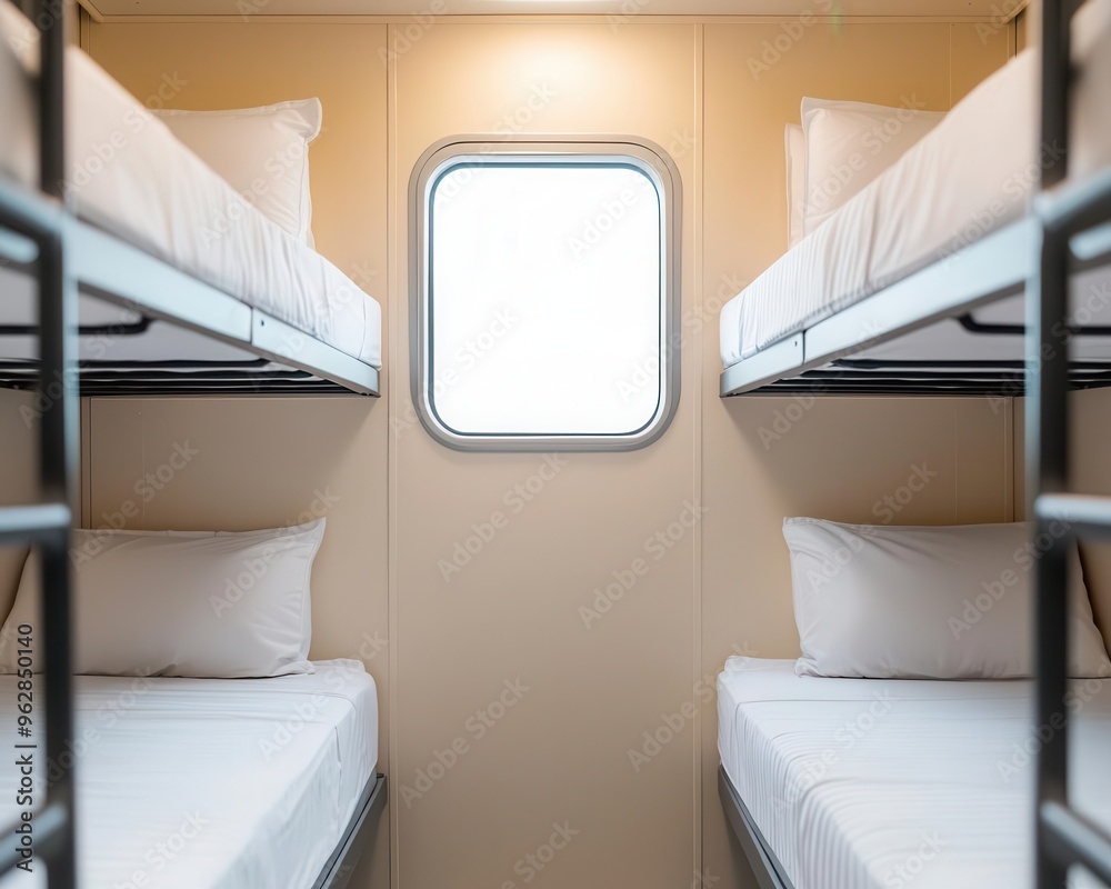 Sleeper train passenger room with bunk beds and a window, sleeper train ...