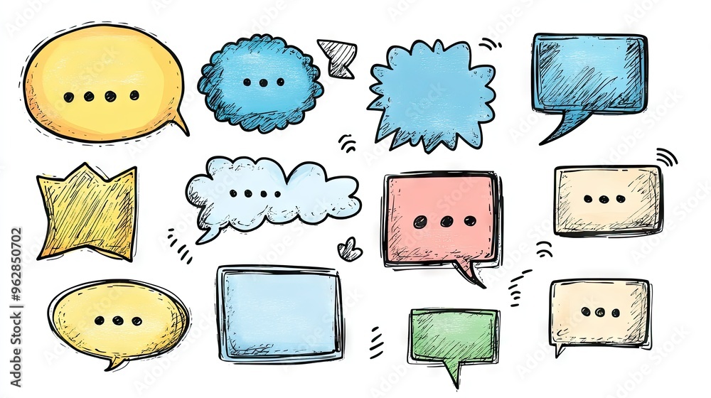 Collection of doodle-style message boxes and speech bubbles with space ...