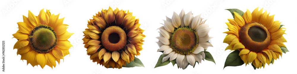 Close-up of vibrant sunflower heads in different stages of bloom ...