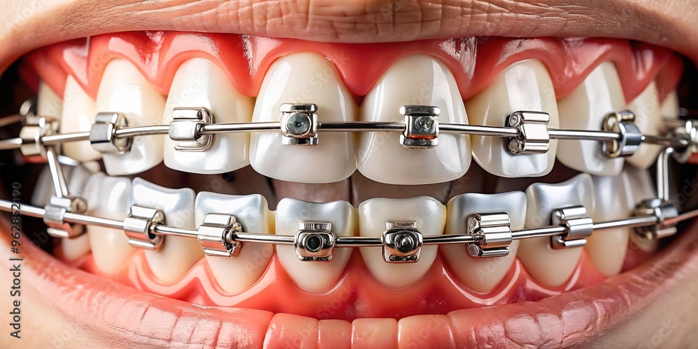 Close-up of orthodontic headgear, featuring a silver metal framework ...
