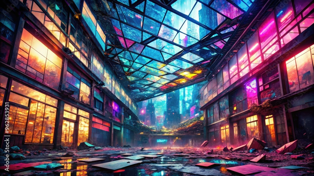 dystopian urban landscape, shattered glass ceiling, neon lights, and ...