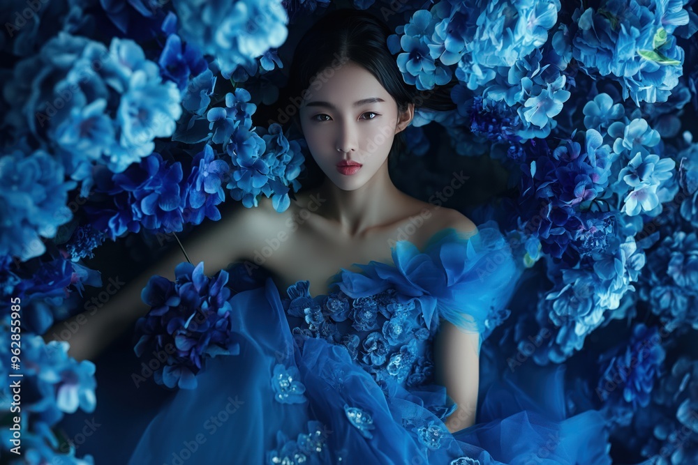 Asian woman lies on blue flowers field. Elegant updo hairstyle, ruffled ...