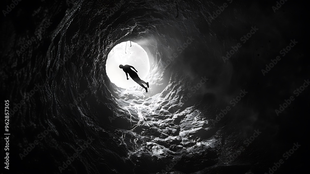 A black and white silhouette of a person diving into a dark hole ...