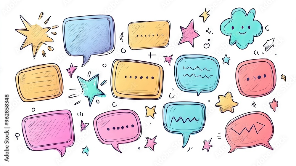Stylish cartoon message boxes and speech bubbles with outline doodle ...