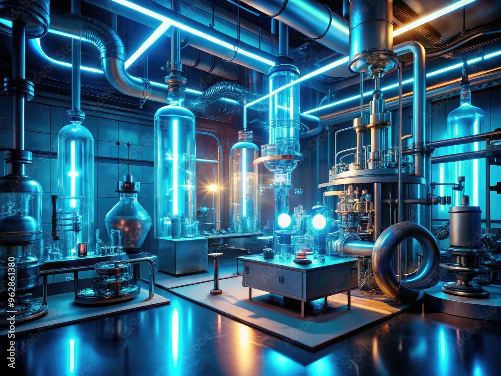 Surreal futuristic laboratory with neon-lit tubes, complex machinery ...