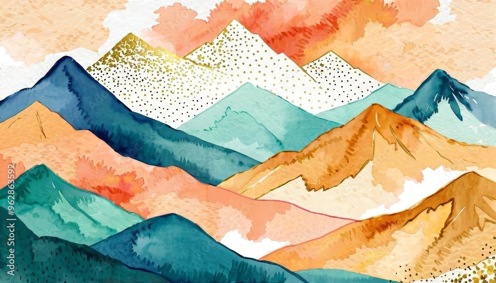 Watercolor painting of a mountain range with a sunset sky. The ...