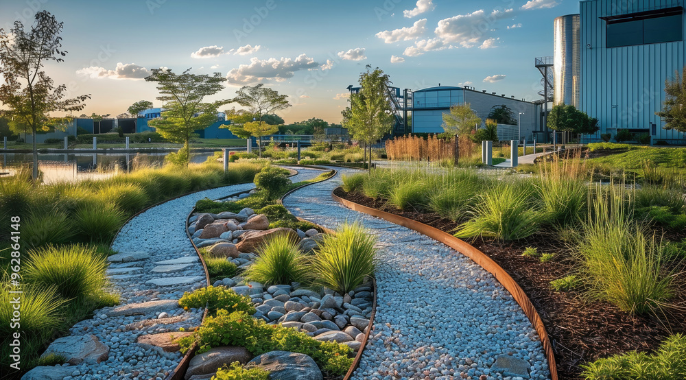 An industrial site designed into a sustainable park. Depict the ...