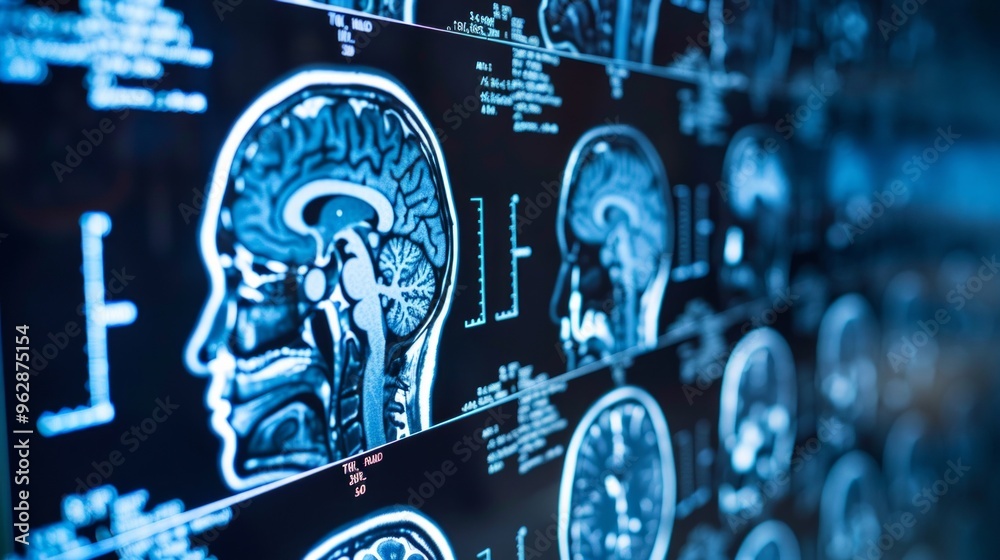 On-screen MRI brain scans show brain structures in blue on a black ...