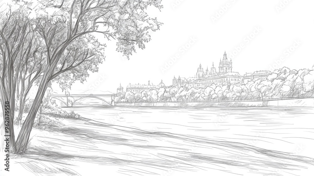 Line art illustration of a pencil sketch depicting a scenic landscape ...