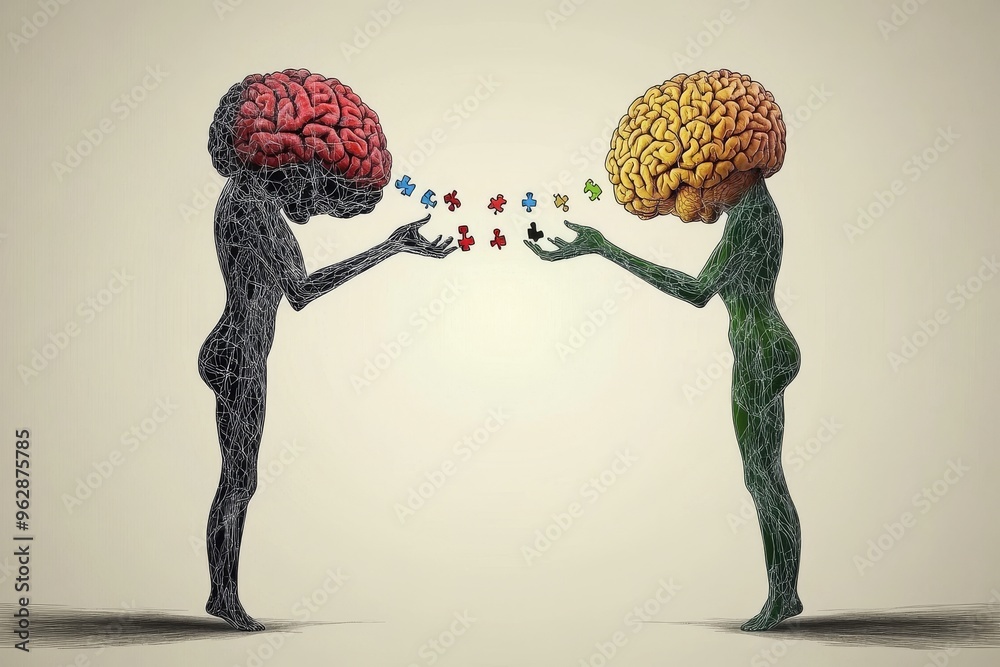 Mental energy Cognitive psychology Human figures exchanging pieces of ...