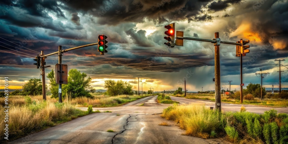 abandoned rural intersection with rusty arrows and faded signs amidst ...