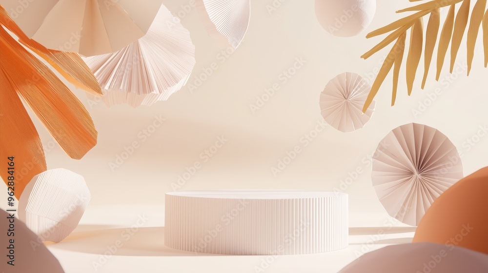 A dynamic papercraft podium with bold folds and layered textures ...