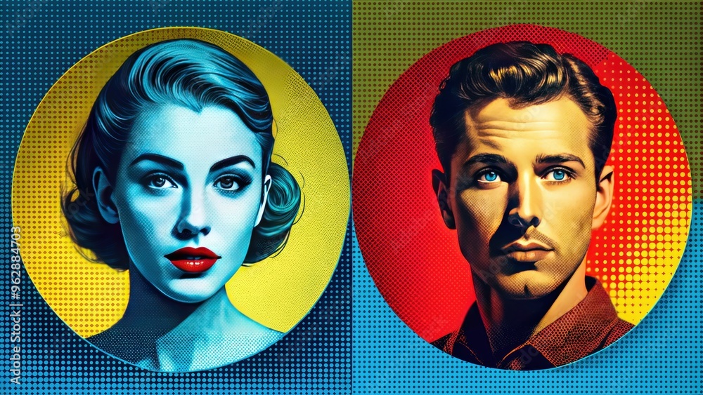 Retro-futuristic circular halftone portraits with bold primary colors ...