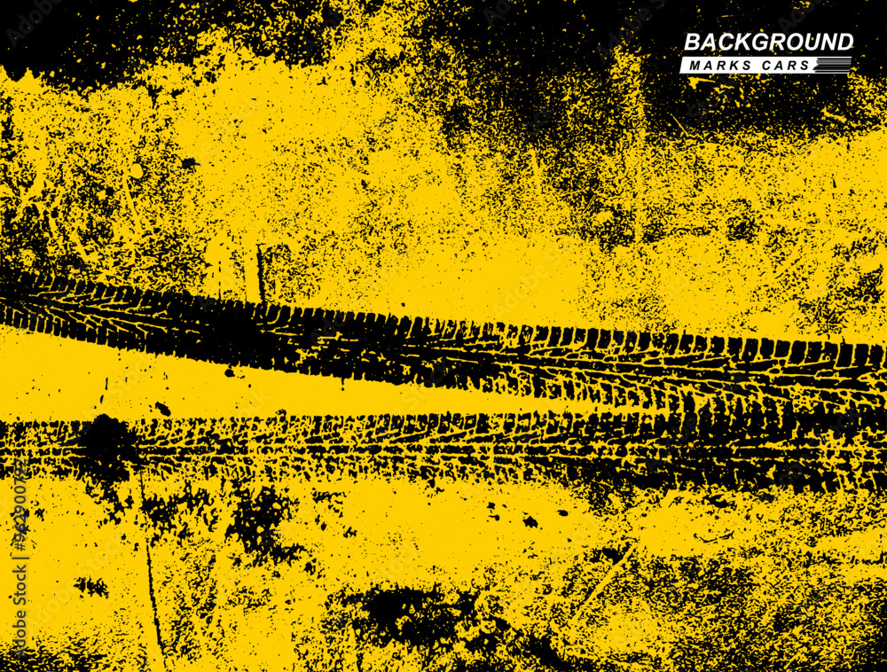 Yellow background with tire wheel vector marks of cars. Template vector ...