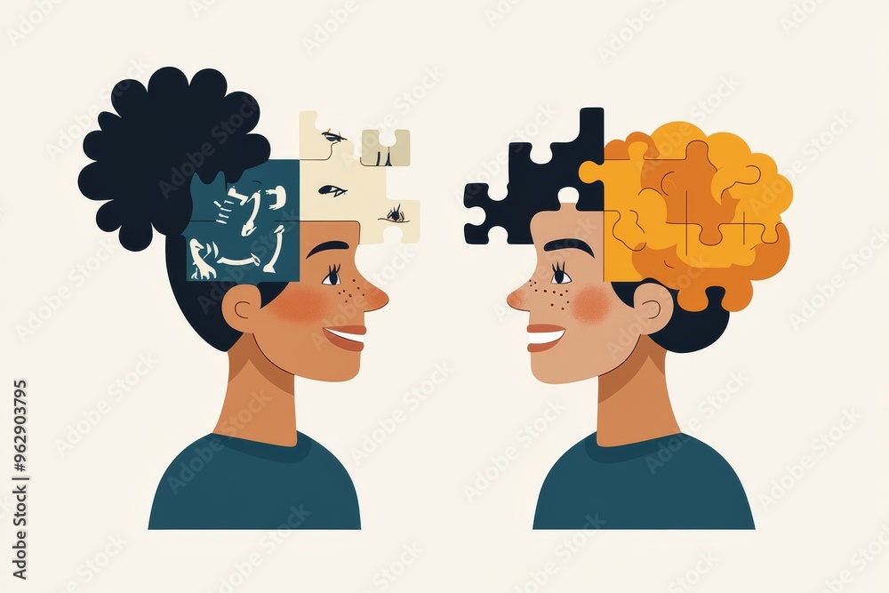 Neuronal circuits Neurochemistry A playful cartoon couple with puzzle ...