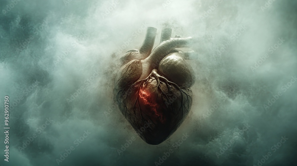 Human heart surrounded by stifling fog symbolizing pericarditis, soft ...