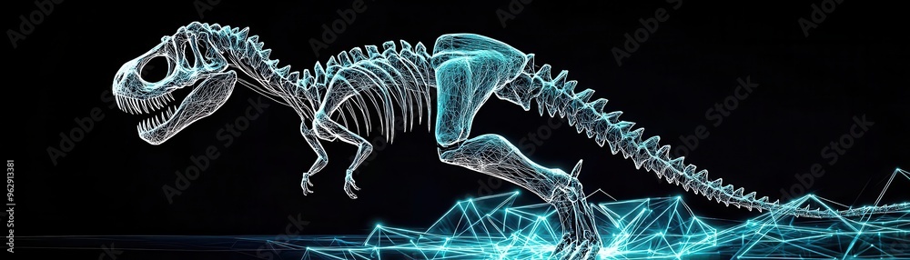 T-Rex skeleton vanishing into a cloud of digital particles, glitch ...