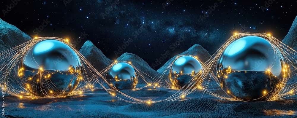 Abstract installation of metallic spheres connected by glowing threads ...