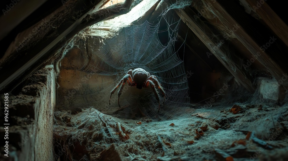 A monstrous spider lurks in a dusty old attic, its eerie, spindly legs ...