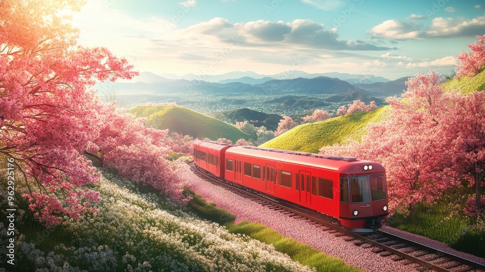 Cherry blossom with Red train in spring in Japan or Korea is the ...