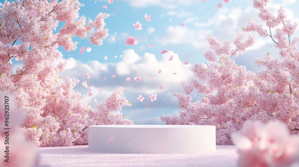 3D white cylindrical podium with cherry blossoms,pink sakura theme ...