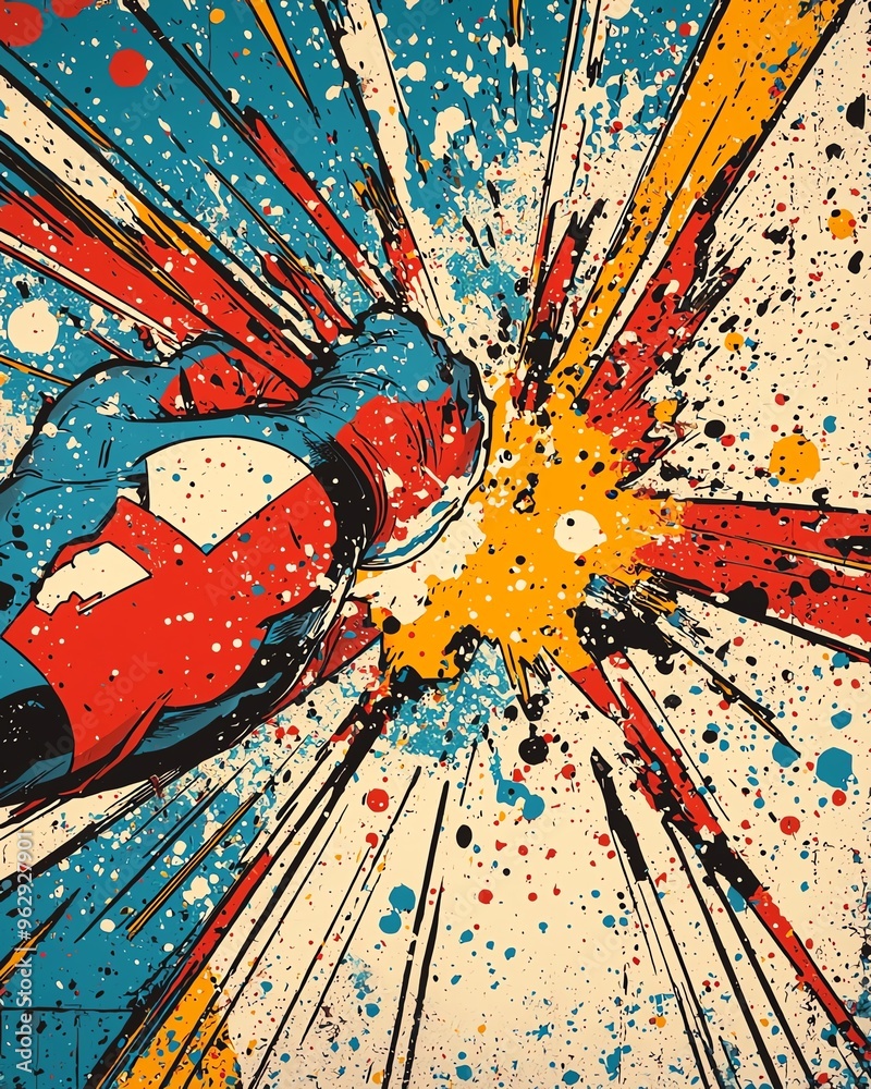 Abstract superhero art with a retro color palette and dynamic lines ...