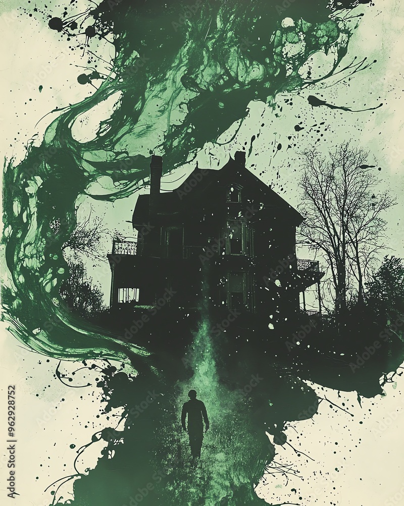 Vintage horror movie lobby card, eerie ectoplasm splatter, haunted ...