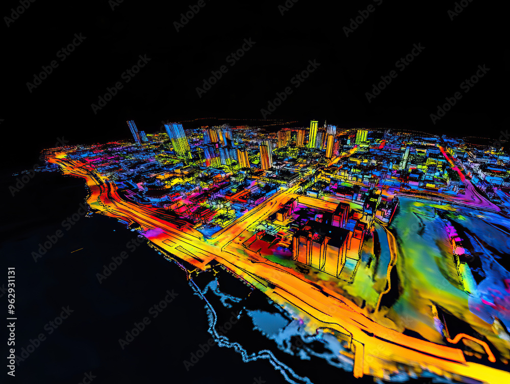 Technical aerial visual, 3D LiDAR GIS aerial map satellite scan model ...