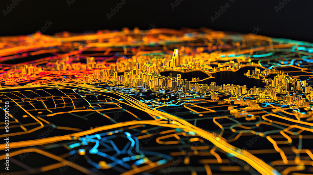 Technical aerial visual, 3D LiDAR GIS aerial map satellite scan model ...