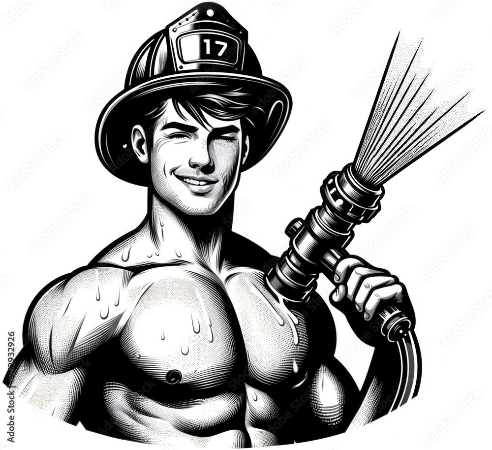 Retro-style illustration of a shirtless, muscular fireman in a helmet, dripping with water ...