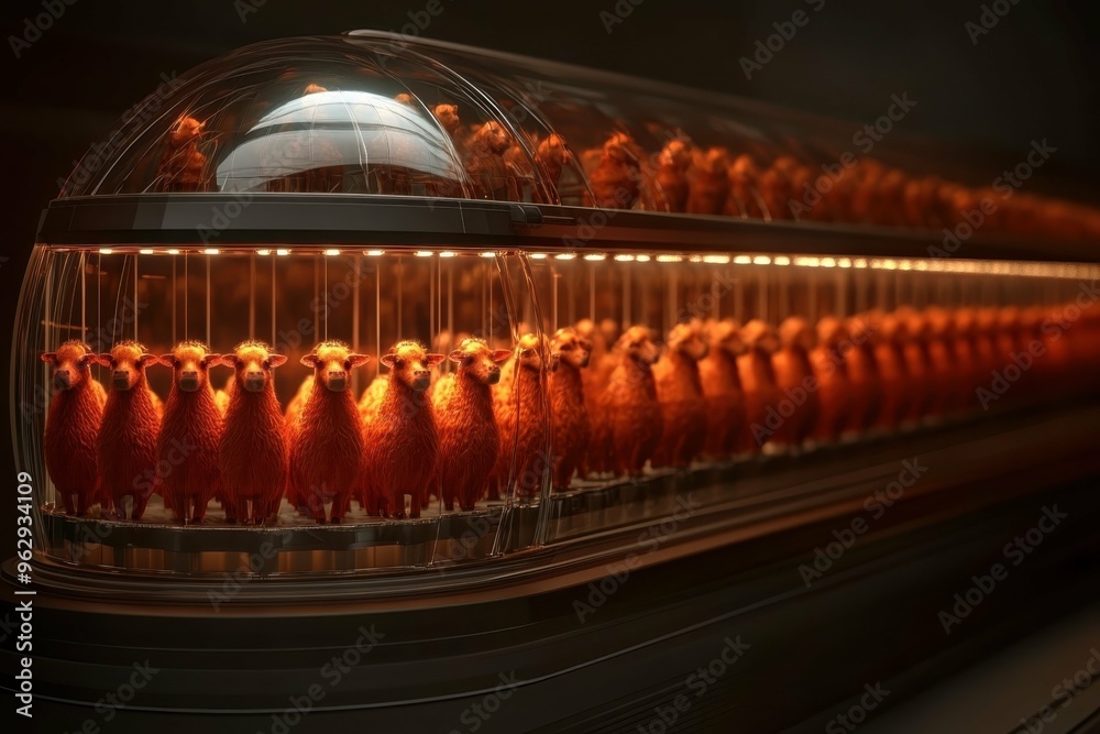 A glossy, transparent dome encasing rows of identical animals ...