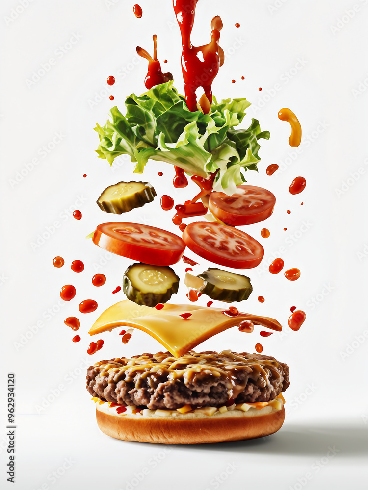 Ingredients of a delicious burger on a white background. The burger ...