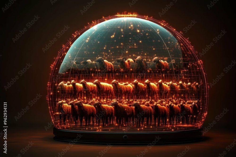 A glossy, transparent dome encasing rows of identical animals ...