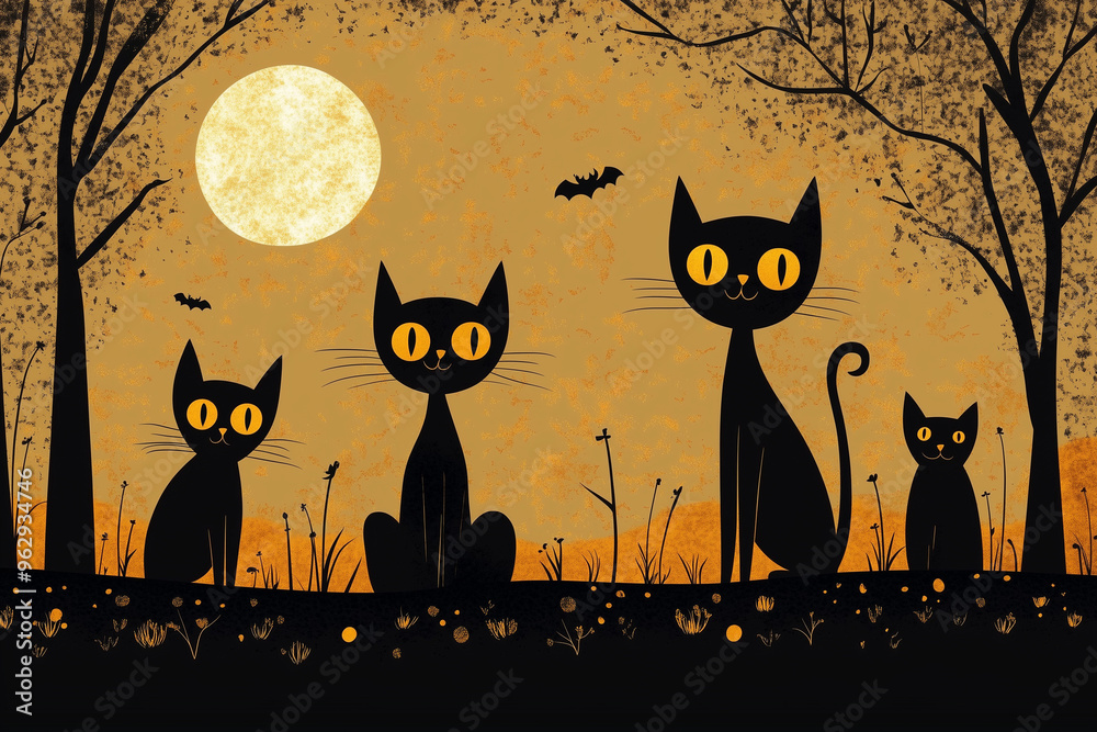 Craft a Halloween party border featuring black cats and full moons to ...
