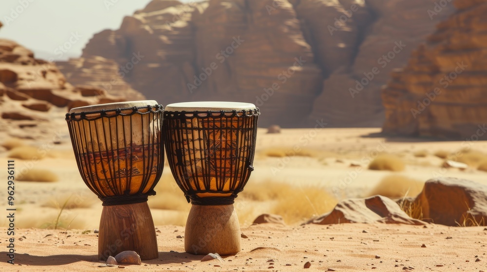 Two African drums are set in a desert environment with a rocky backdrop ...
