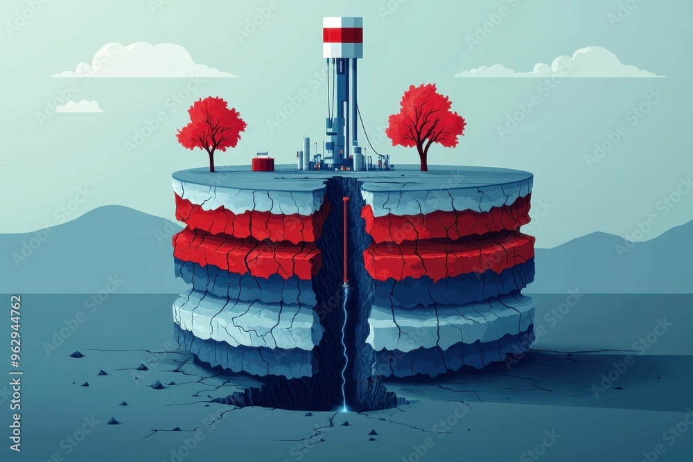 Simple, flat lines representing layers of earth, with cracks forming ...